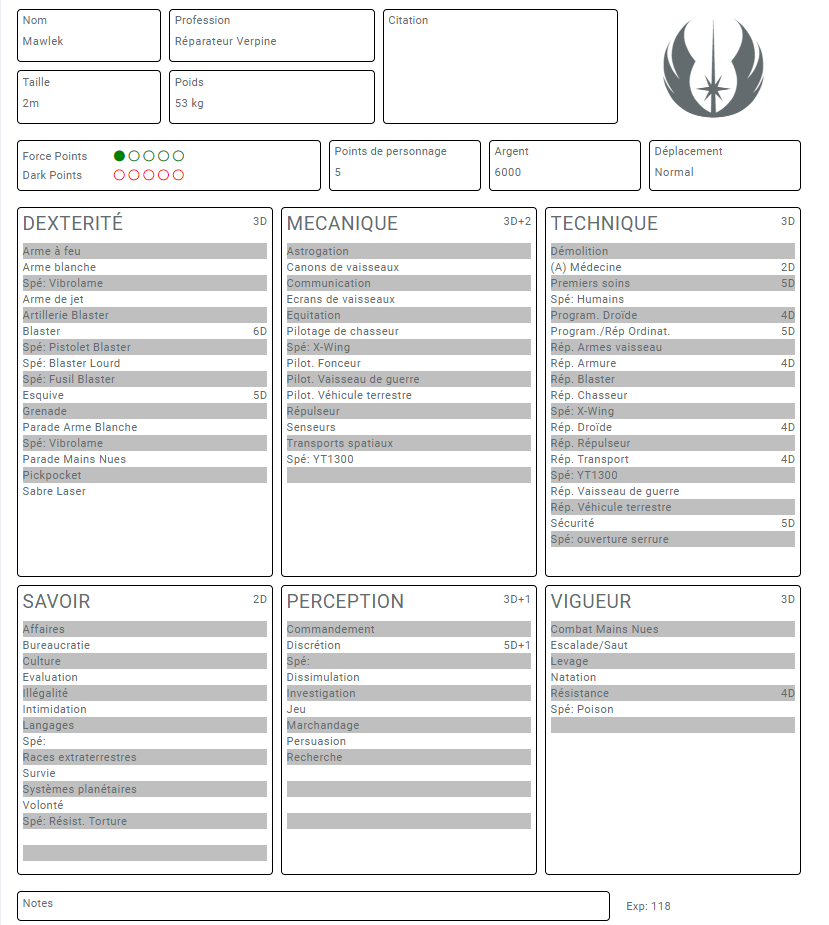 Character Sheet Star Wars D6