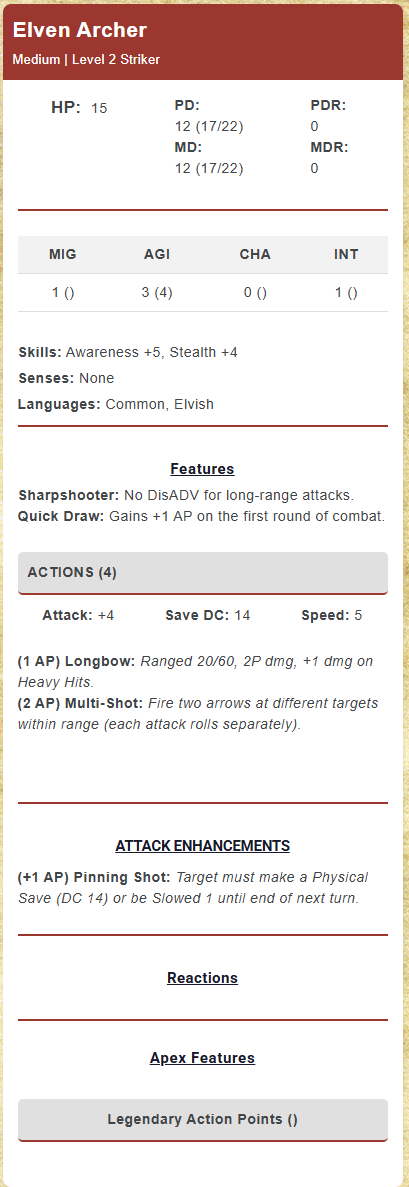 Monster stat sheet for DC20
