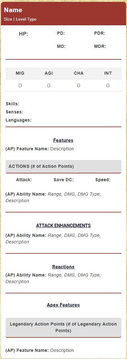 Monster stat sheet for DC20