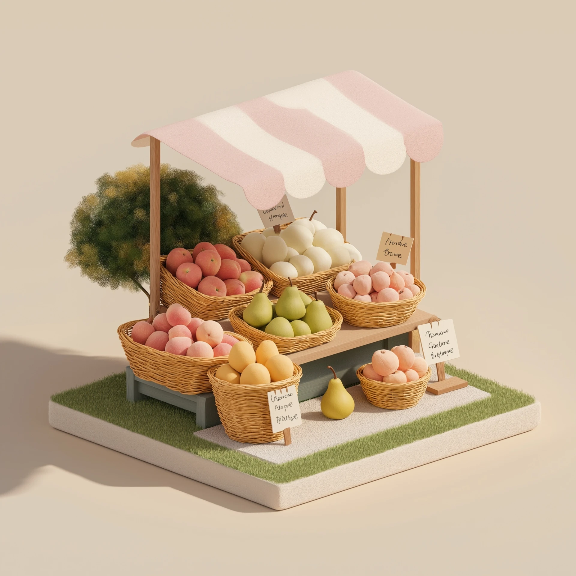 Whimsical isometric fruit stand with pastel fruits • Neurascapes