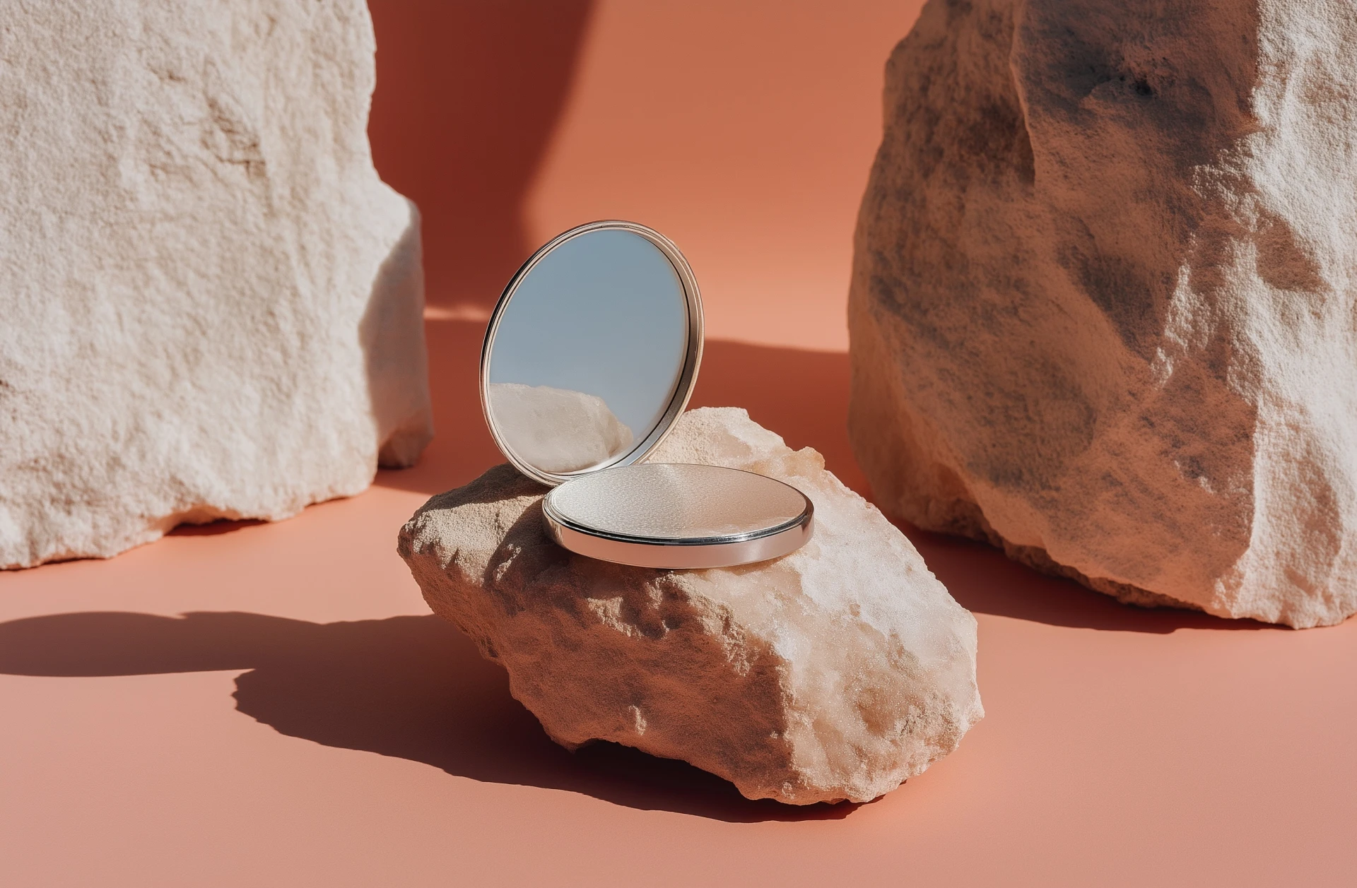 Close-up compact mirror on salmon rock with chalk textures • Neurascapes